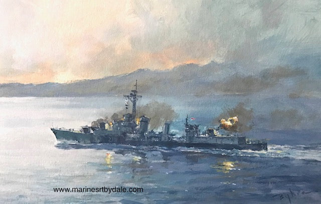 "HMCS Cayuga off the coast of Korea" – Marine Art by Dale Byhre